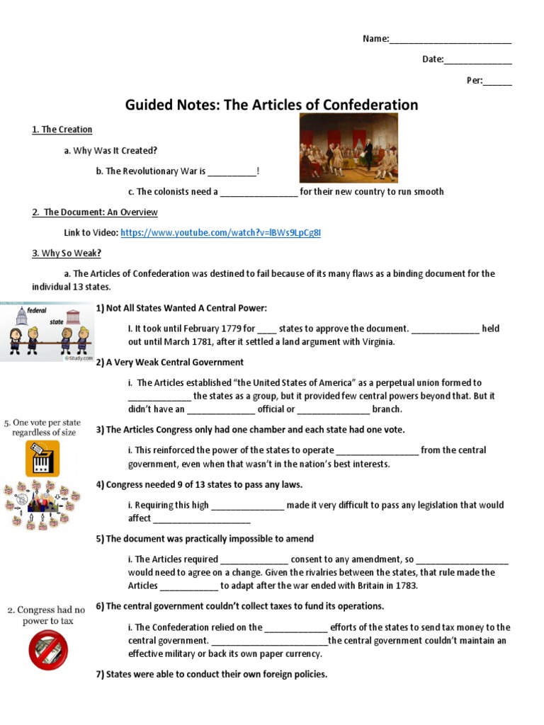 Guided Notes-The Articles of Confederation With Fill-In-The-Blanks ...