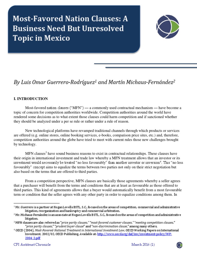 Most-Favored Nation Clauses: A Business Need But Unresolved Topic in ...