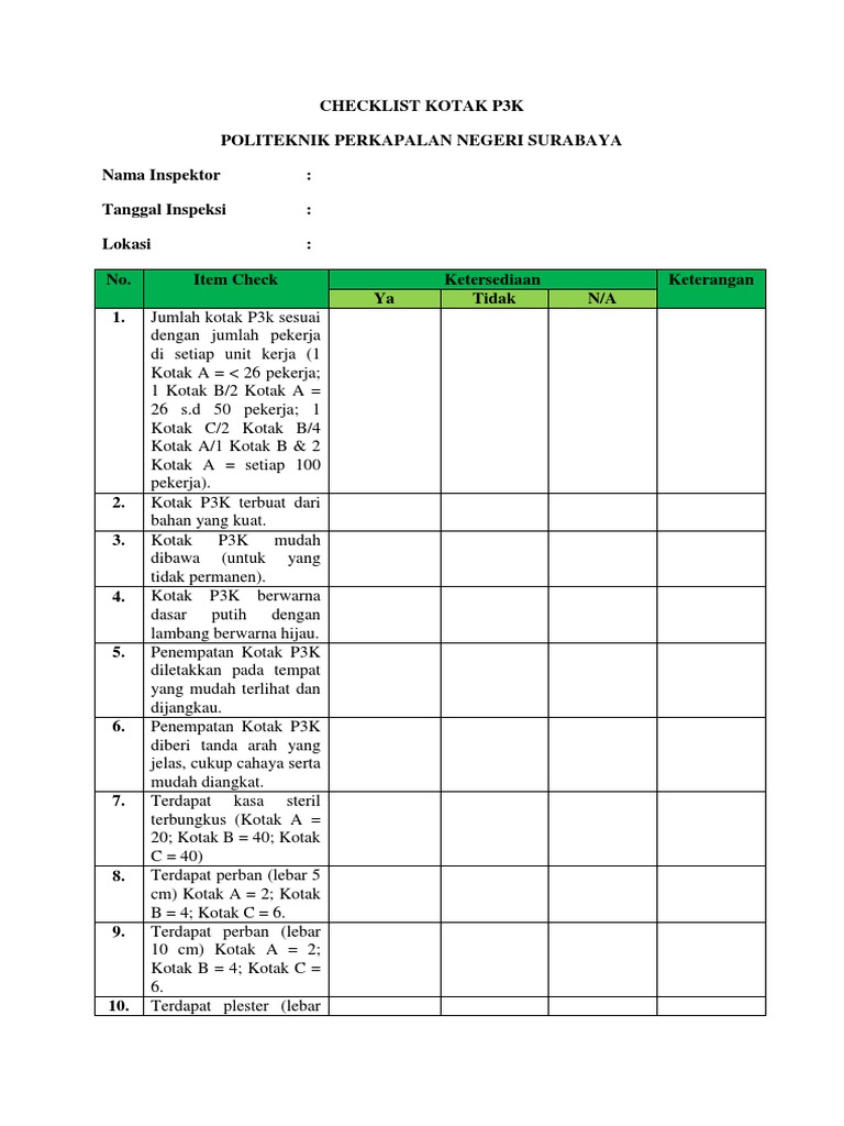 Checklist Kotak p3k Fix | PDF