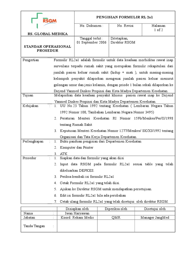 Prosedur Pengisian Formulir RL2a1 RS Global Medika | PDF | Teknologi ...