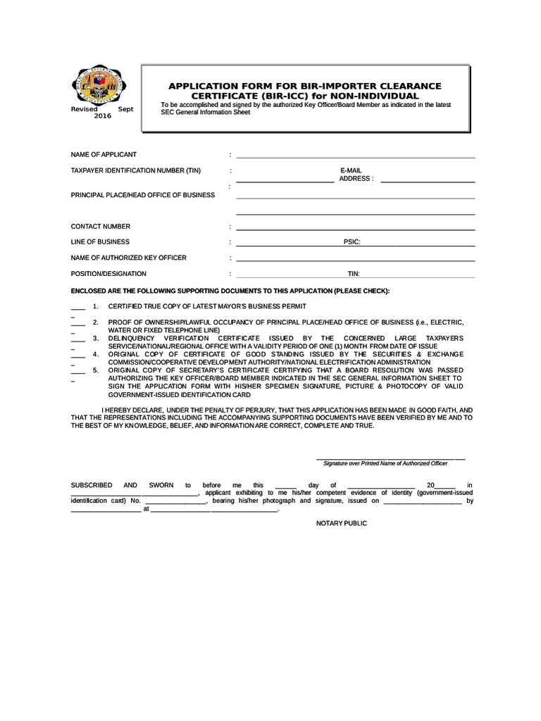 Application Form For Bir-Importer Clearance Application Form For Bir ...