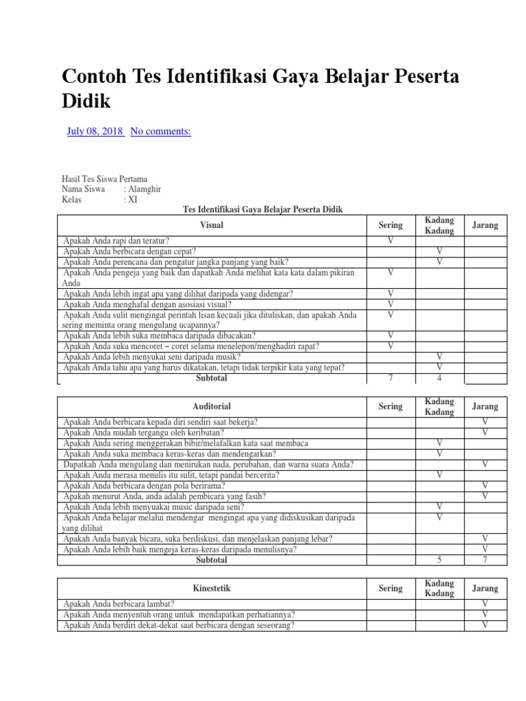 Contoh Tes Identifikasi Gaya Belajar | PDF