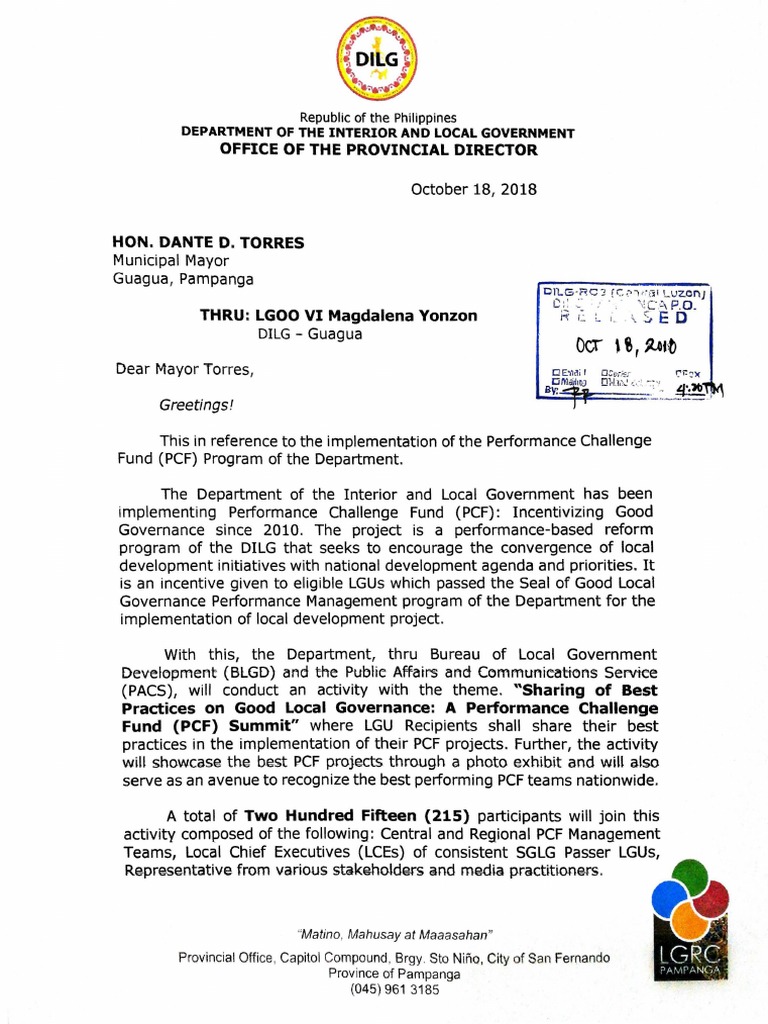 Invitation to Attend the DILG Performance Challenge Fund Summit to ...
