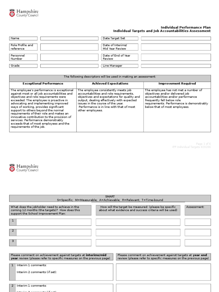 Individual Performance Plan Individual Targets and Job Accountabilities ...