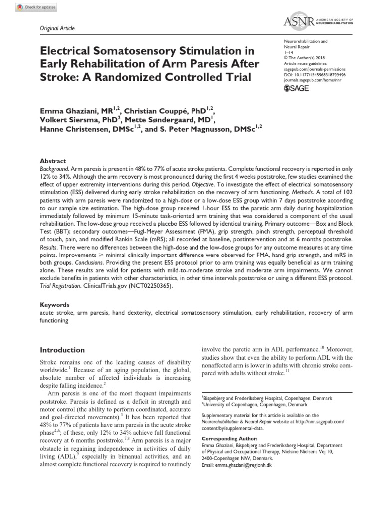 Electrical Somatosensory Stimulation in Early Rehabilitation of Arm ...