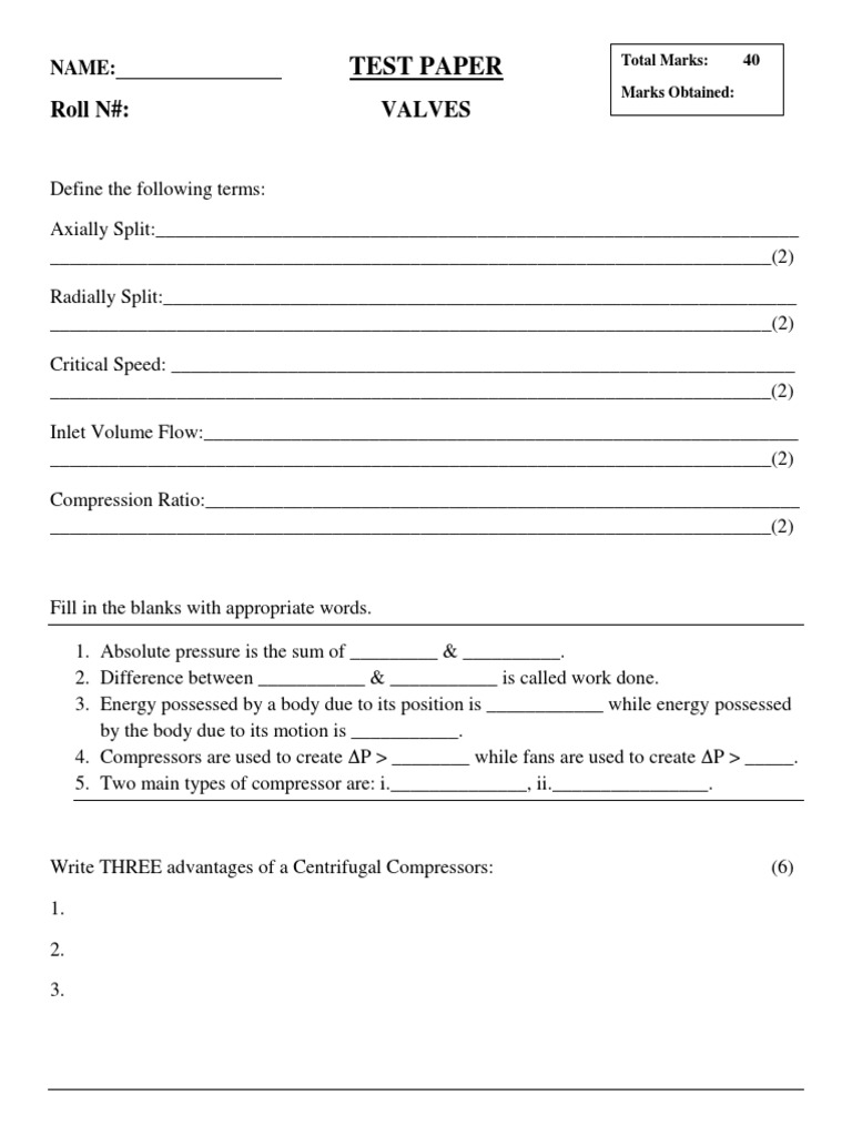 Test Paper: Roll N#: Valves | PDF