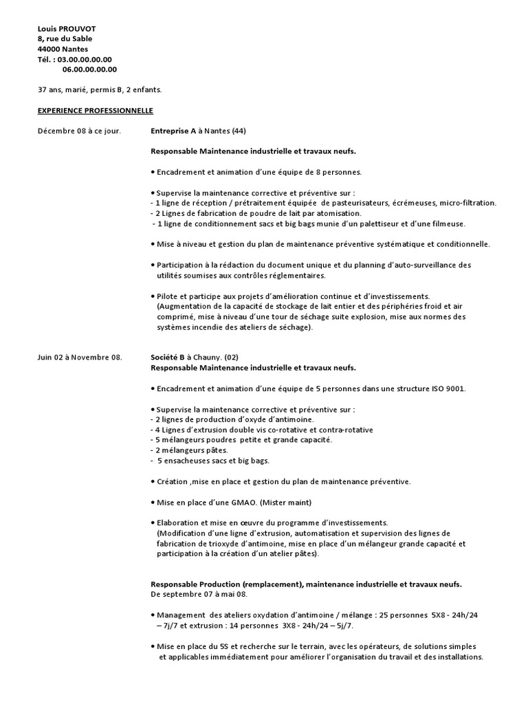 CV Responsable Maintenance Et Travaux Neufs | PDF | Risque