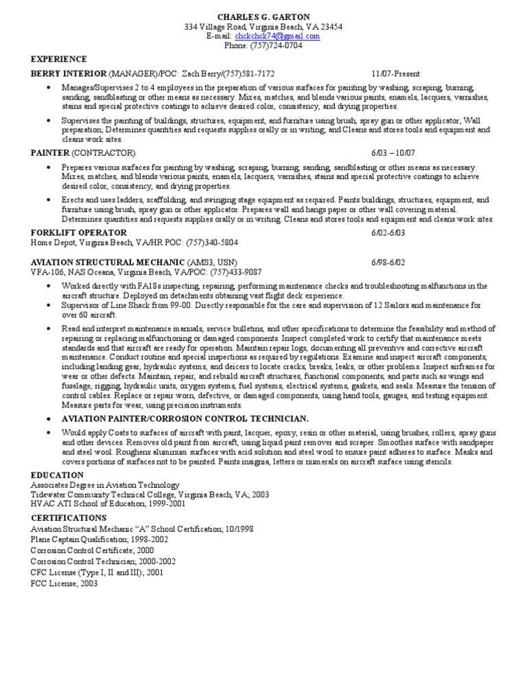 Chucks Revised Resume 10oct10 12 | PDF | Paint | Varnish