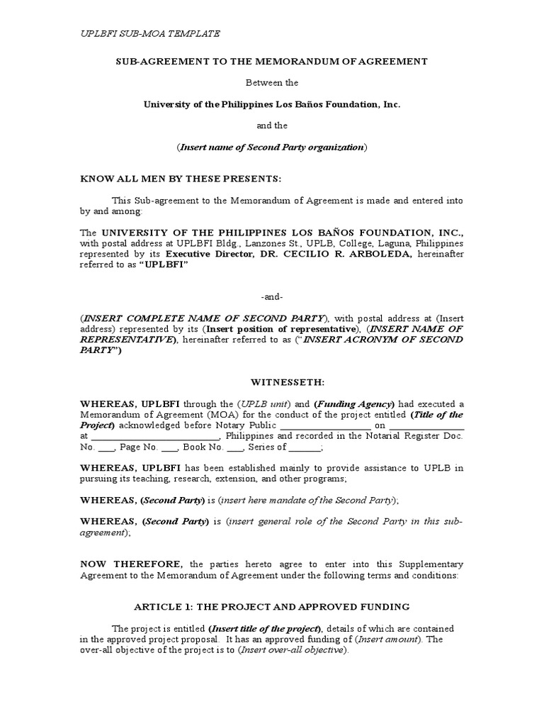 UPLBFI Sub Agreement Template | PDF | Social Institutions | Social Science