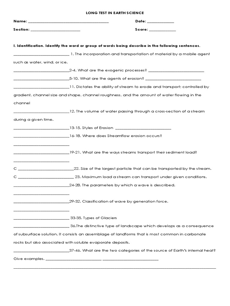 Earth Science Long Test Questions | PDF | Magma | Erosion