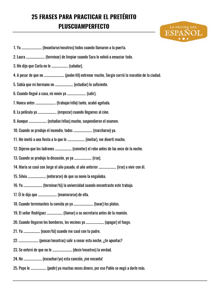 25 Frases para Practicar El Pretérito Pluscuamperfecto 1 | PDF