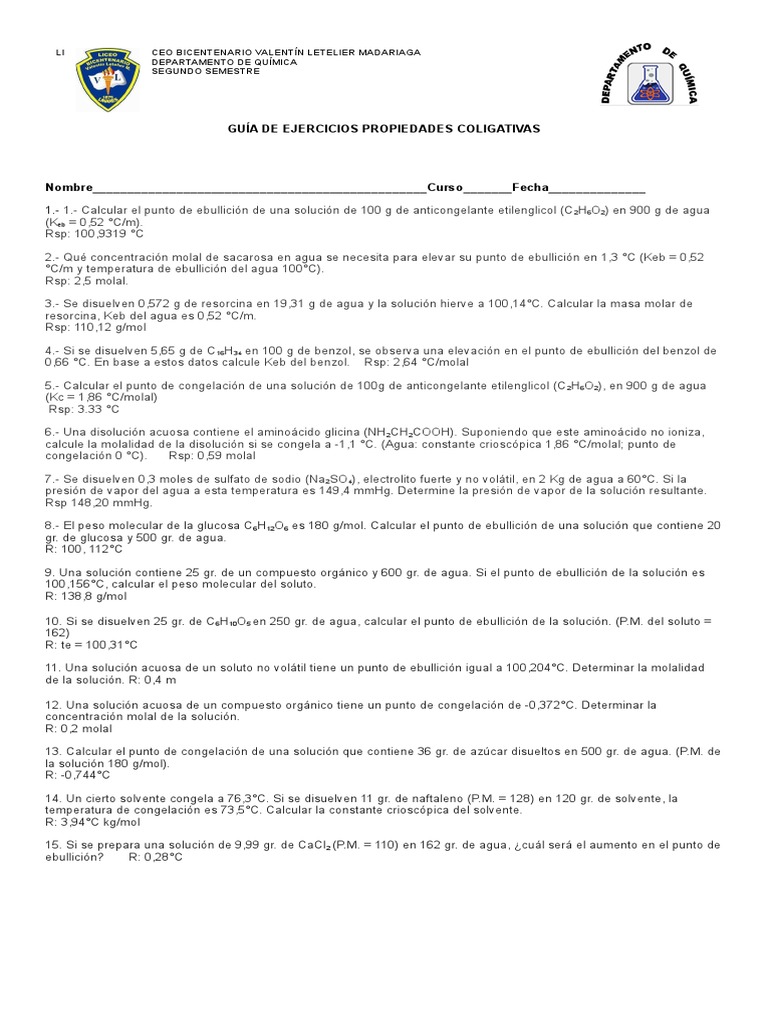 Gu A de Ejercicios Propiedades Coligativas | Descargar gratis PDF | Concentración | Solvente