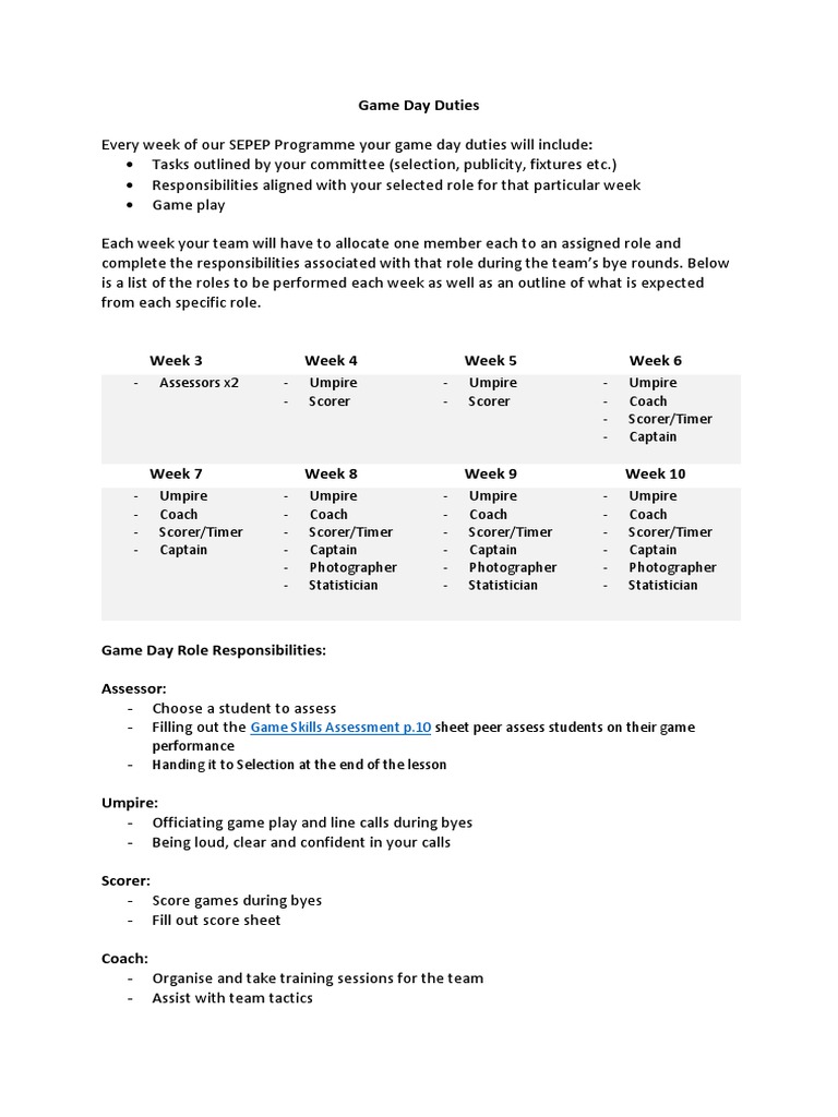 SEPEP Game Day Roles & Duties Guide | PDF | Behavior Modification | Sports