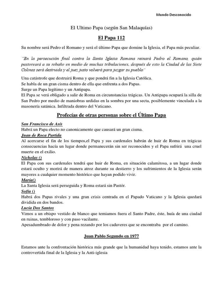 El Ultimo Papa (Según San Malaquías) | PDF