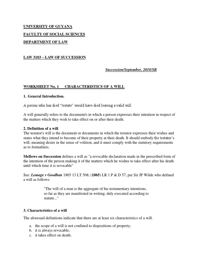 Law of Succession Worksheet 1 Sept 2018 | PDF | Will And Testament ...