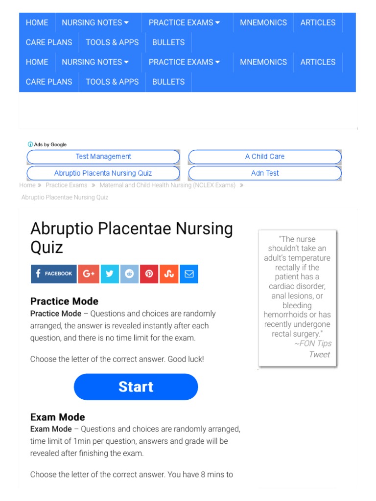 Abruptio Placentae Nursing Quiz: Start Start | PDF | Pregnancy ...