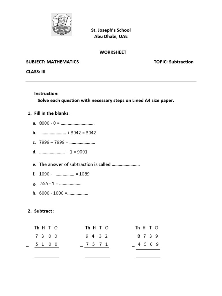Subtraction Word Problems and Skills: A Mathematics Worksheet for Third ...