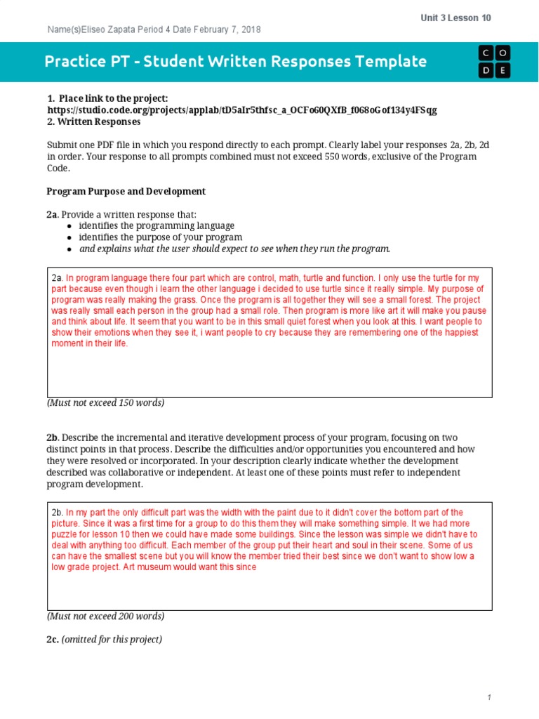 U3l10 Practice PT - Student Written Response Template | PDF | Cognition ...