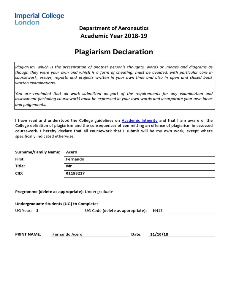 Plagiarism Form 2018-19 | PDF
