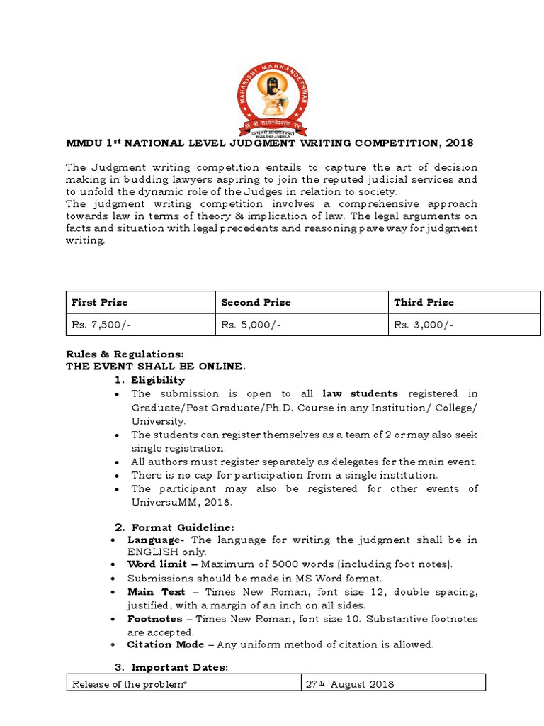 Mmdu 1st National Level Judgment Writing Competition 1 | PDF | Judgment ...