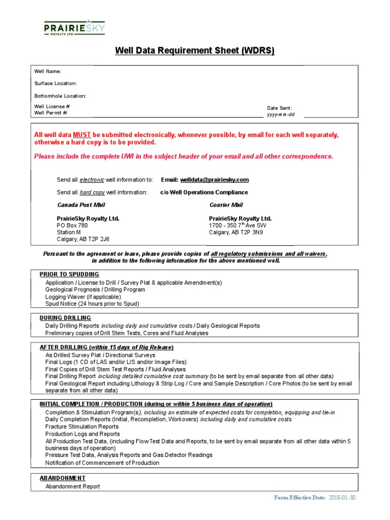 Well Data Requirement Sheet (WDRS) | PDF | Oil Well | Geology