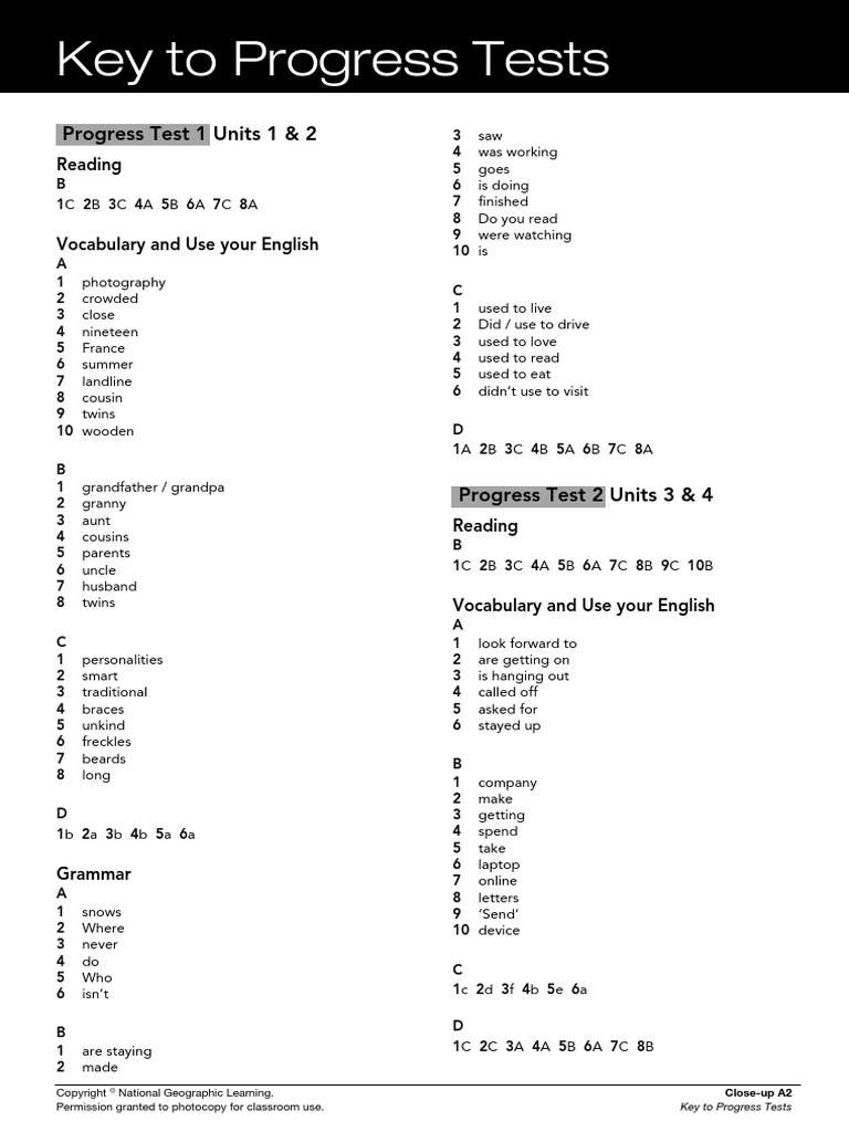 A2 Progress Tests Key Pdf