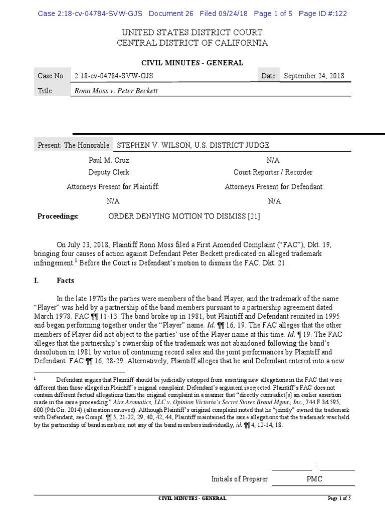 Order Denying Motion To Dismiss | PDF | Declaratory Judgment | Trademark