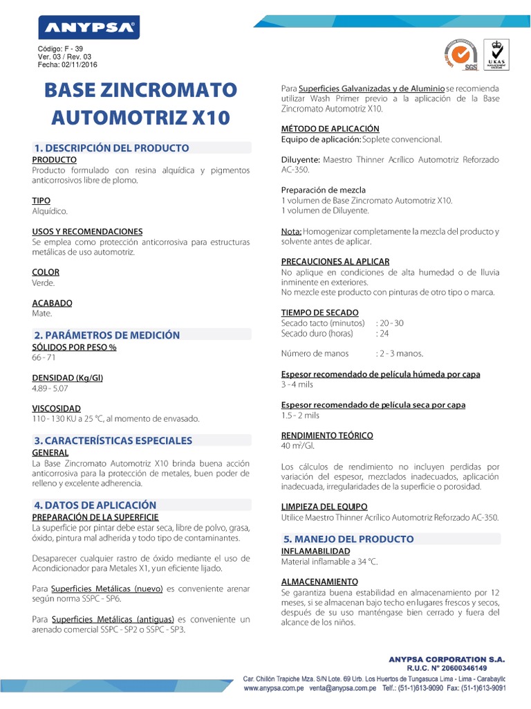 Base Zincromato Automotriz x10 Ficha Tecnica | PDF