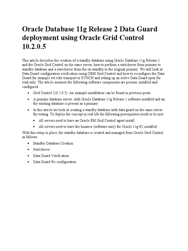 Oracle Database 11g Release 2 Data Guard Deployment Using Oracle Grid Control 10.2.0.5 | PDF ...