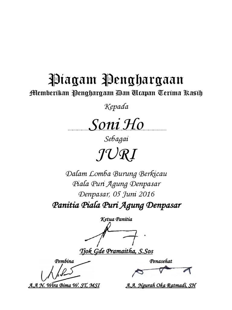 Sertifikat Juri Lomba Burung 2016 | PDF
