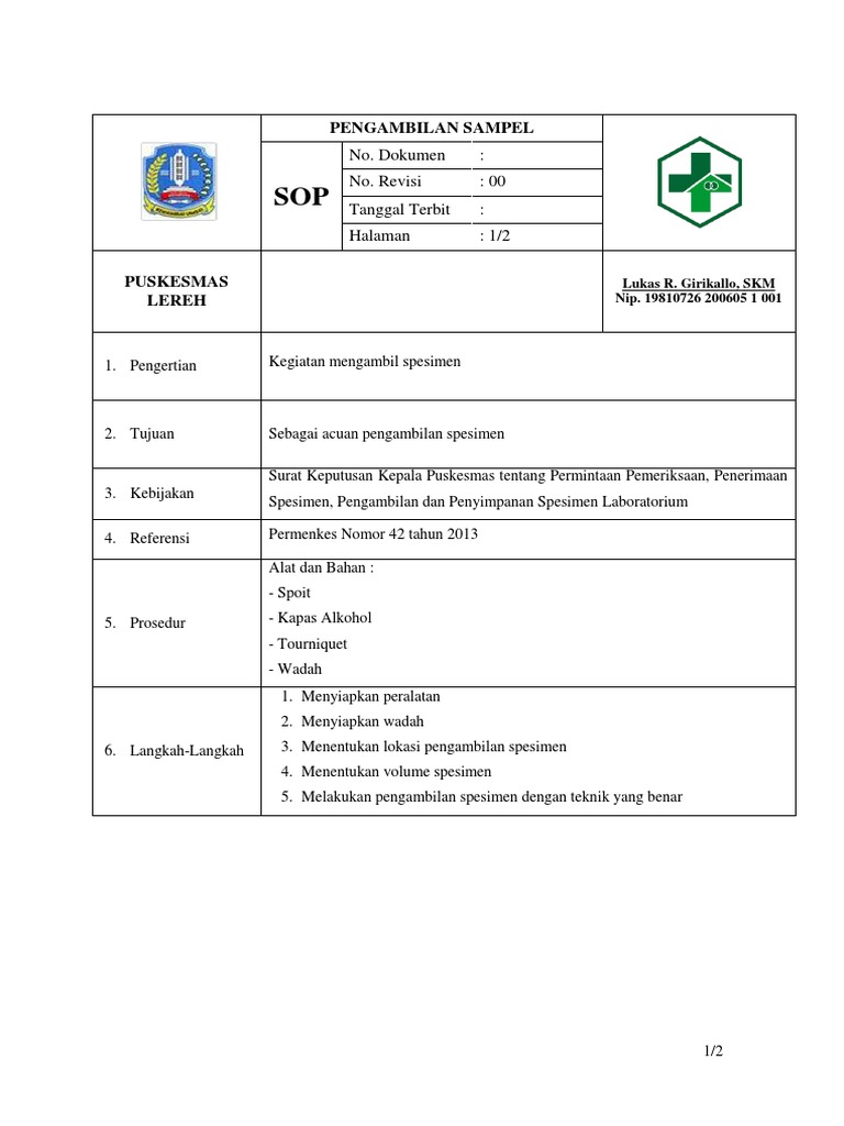 Sop Pengambilan Sampel | PDF