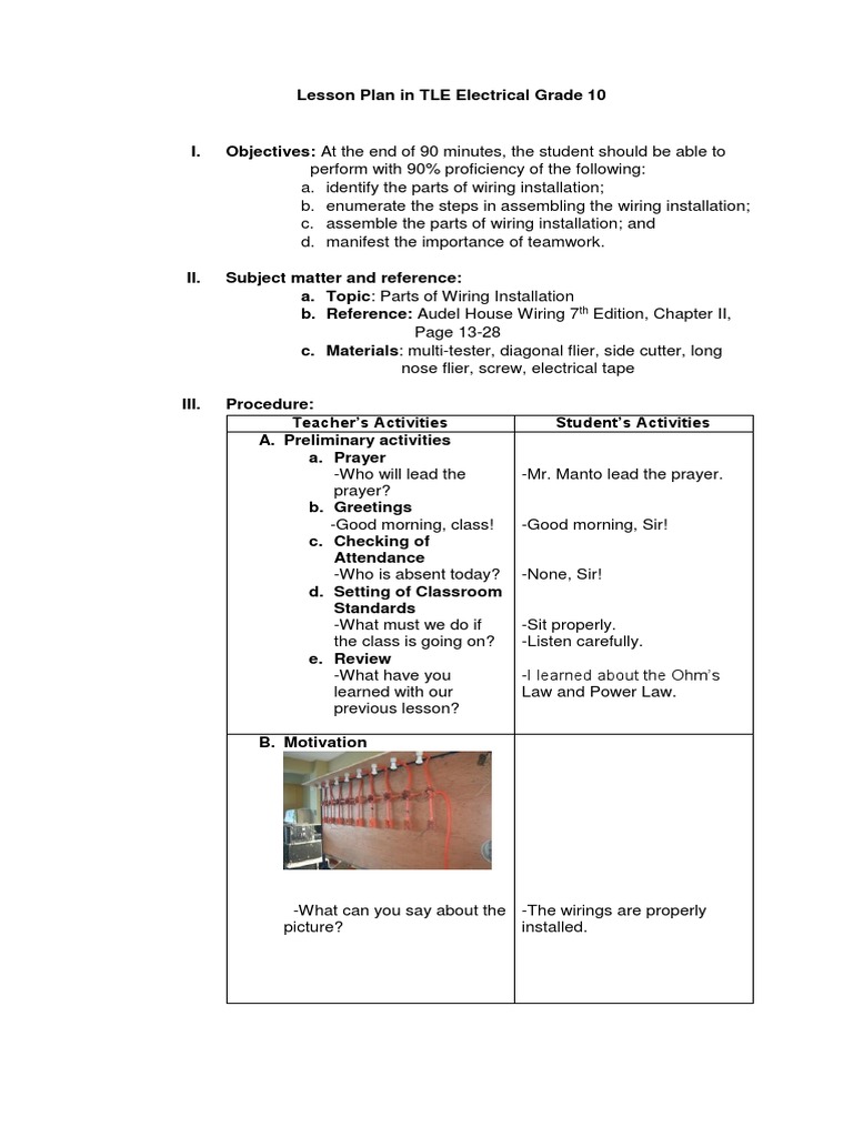 Grade 10 TLE Lesson Plan Electrical Wiring | PDF | Lesson Plan ...