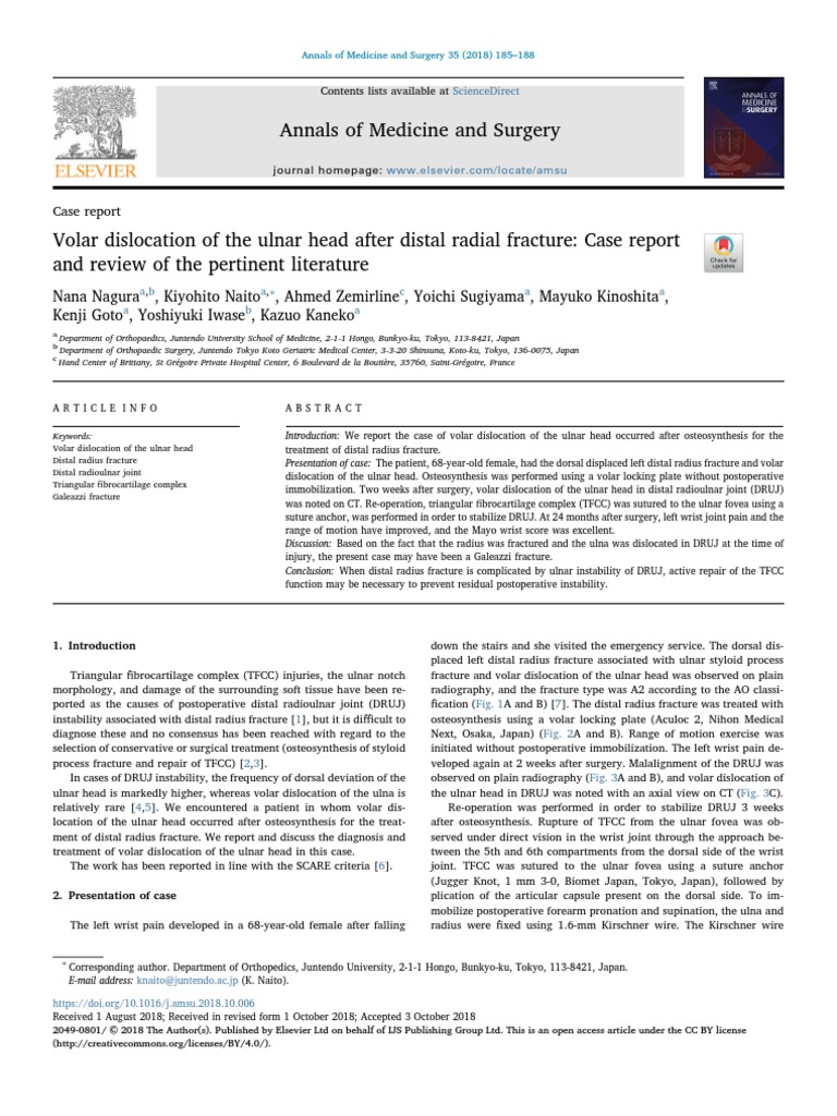 Volar Dislocation of The Ulnar Head After Distal Radial Fracture | PDF ...