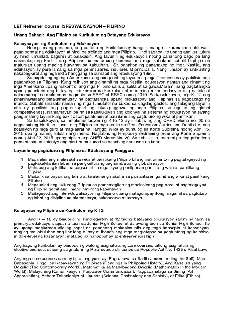 Lecture Sa LET Majorship Sa Filipino | PDF