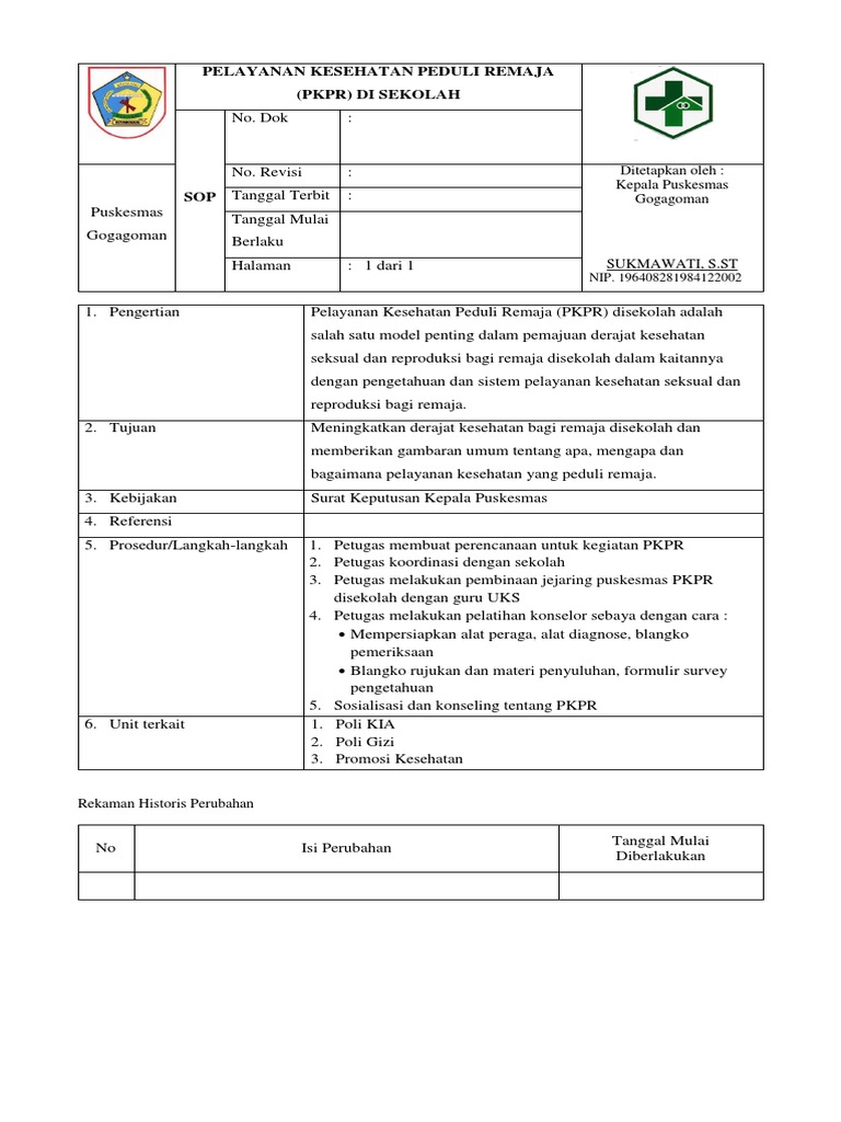 PKPR di Sekolah: SOP Puskesmas Gogagoman | PDF