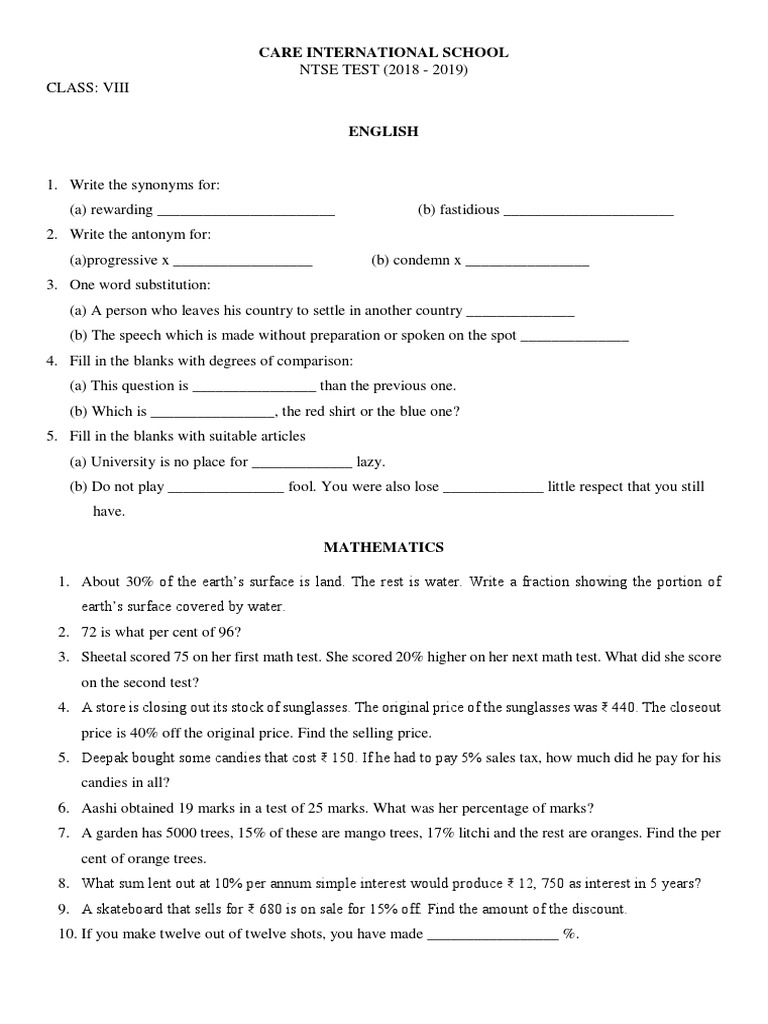 NTSE Test Paper for Class VIII 2018-19 | PDF