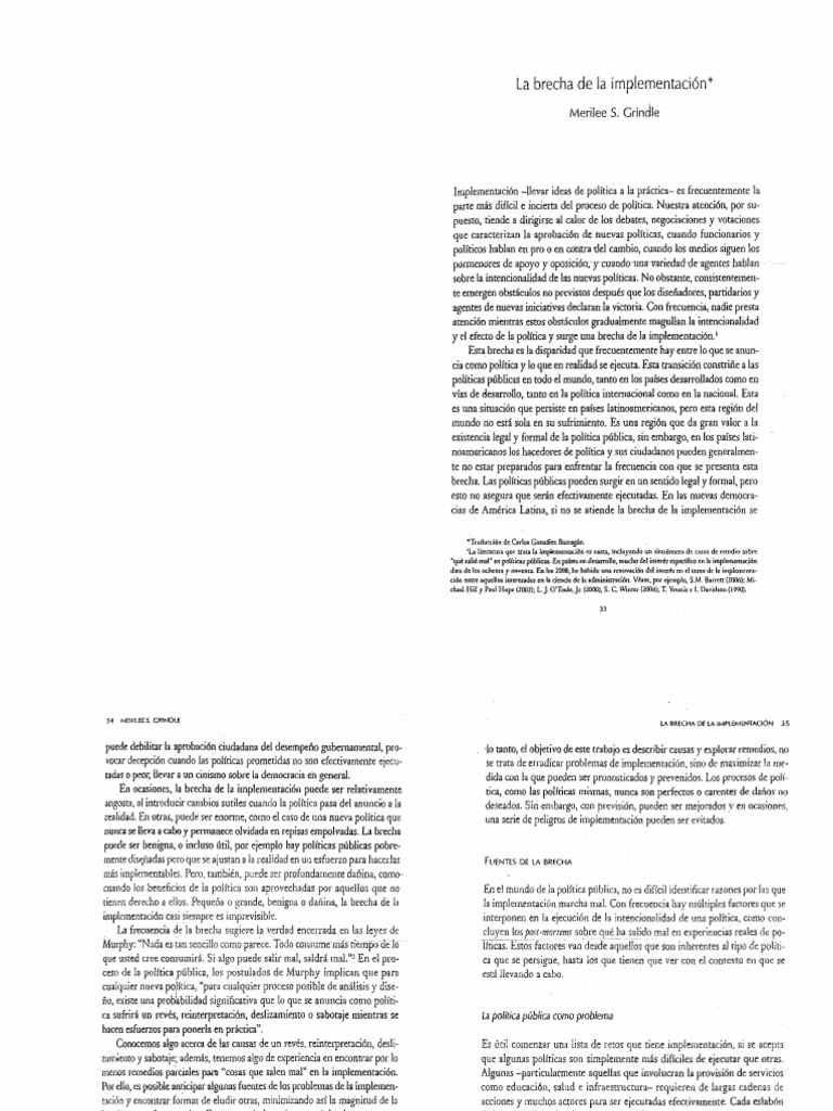 Merilee Grindle. La brecha de la Implementación | PDF | Democracia ...
