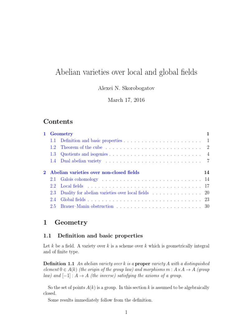 Abelian Varieties Over Local and Global Fields: Alexei N. Skorobogatov March 17, 2016 | PDF ...