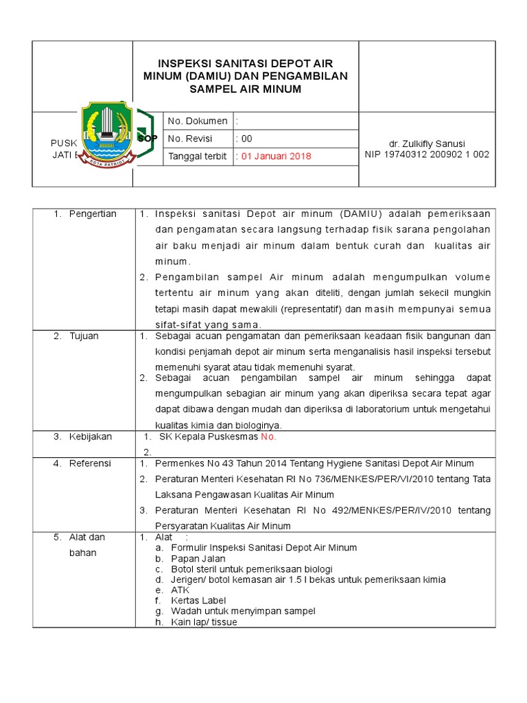 Sop Inspeksi Damiu Dan Pemeriksaan Air Minum | PDF | Kesehatan Holistik