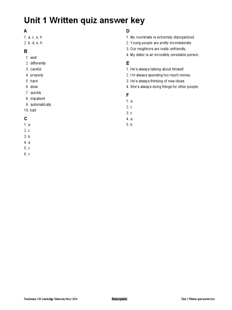 Touchstone 3 2nd Edition Unit 1 Written Quizz Answer Key PDF | PDF