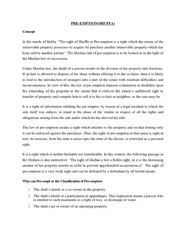 Pre Emption Under Muslim Law | Download Free PDF | Ownership | Property
