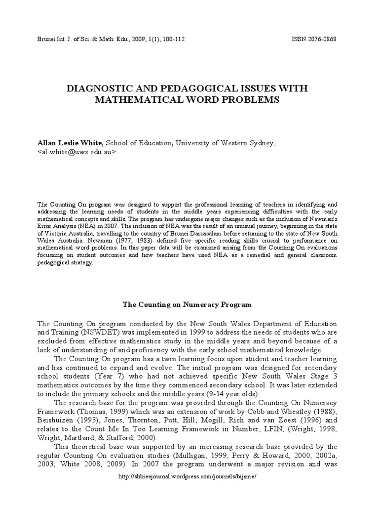 Diagnostic and Pedagogical Issues With Mathematical Word Problems | PDF | Reading Comprehension ...