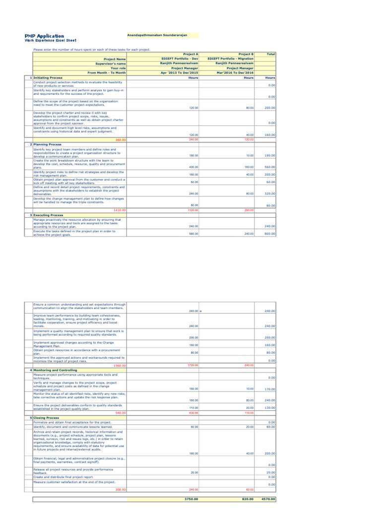 PMP Application Excel Form | PDF | Project Management | Business