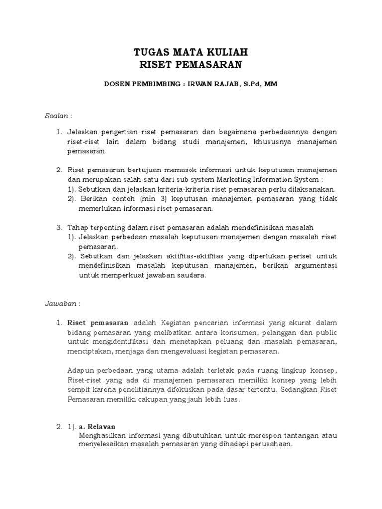 Tugas Mata Kuliah Riset Pemasaran | PDF