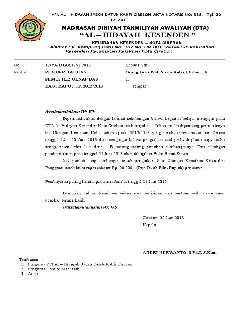 Surat Pemberitahun Semester GENAP DTA AL-HIDAYAH | PDF