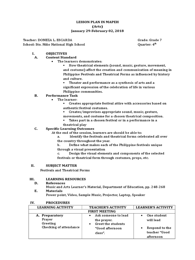 LP - G7 - 4Q - Arts | PDF | Educational Assessment | Lesson Plan
