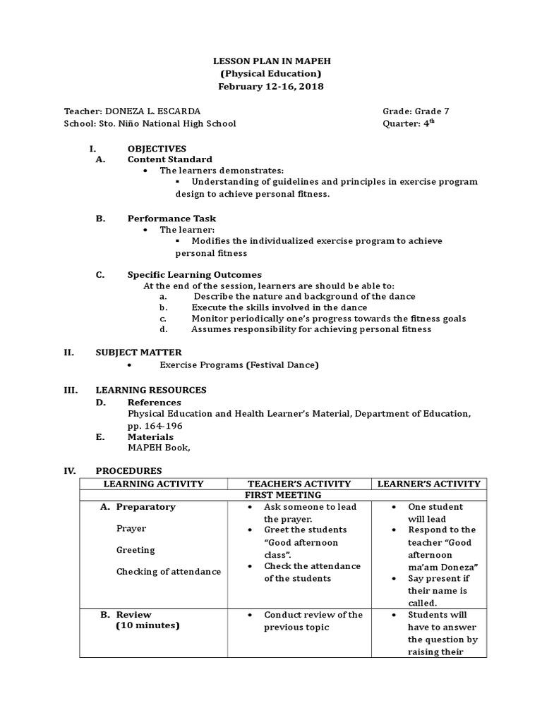 Physical Education Lesson Plan on Festival Dances for Grade 7 Students ...