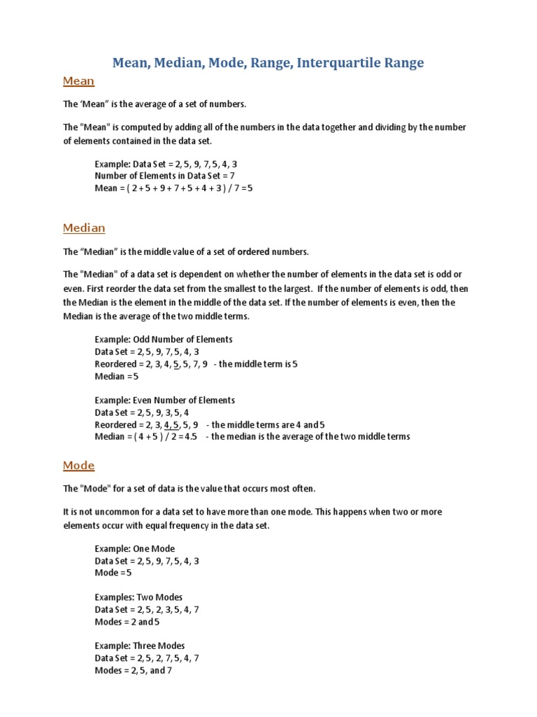 Mean Median Mode Range Interquartile Range | PDF | Median | Mean