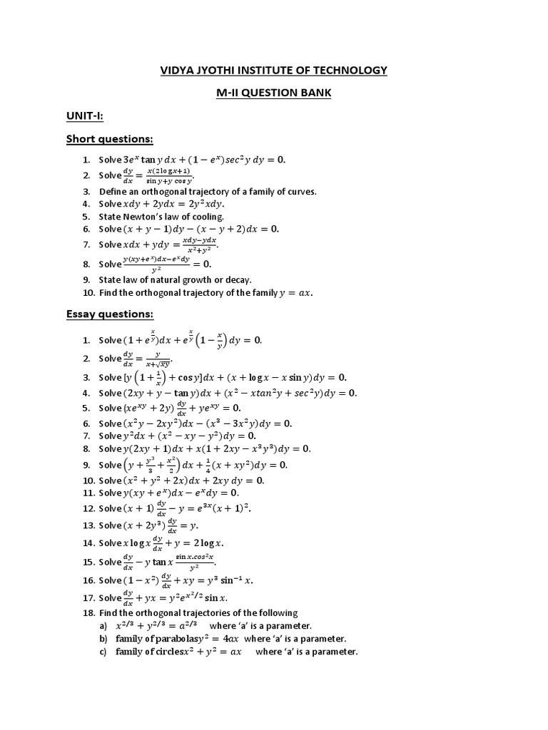 Vidya Jyothi Institute of Technology M-Ii Question Bank Unit-I: Short ...