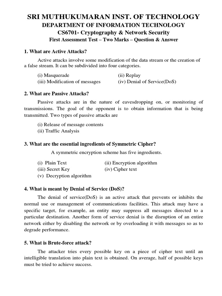 CS6701 - CNS - Two Marks - Answer | PDF | Cipher | Cryptography